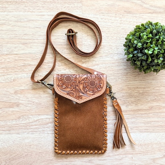 Hand Crafted | Bags | Genuine Tooled Leather And Cowhide Crossbody Bag ...